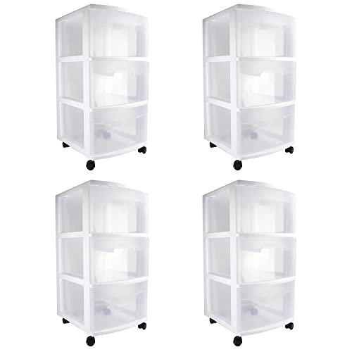 Sterilite 28308002 Home Stackable 3 Drawer Wide Plastic Storage Organizer Container with Drawers and Rolling Wheels, White (Set of 4)