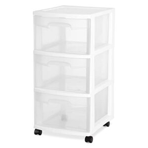 Sterilite 28308002 Home Stackable 3 Drawer Wide Plastic Storage Organizer Container with Drawers and Rolling Wheels, White (Set of 4)