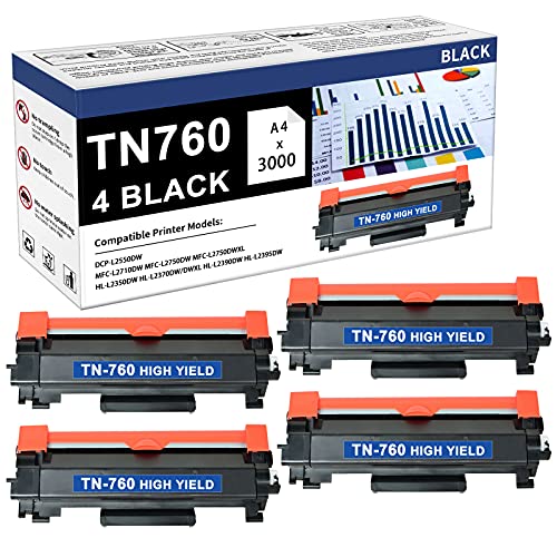 PAIC 4 Pack Compatible TN-760 TN760 Toner Cartridge Replacement for Brother DCP-L2550DW MFC-L2710DW L2750DW L2750DWXL HL-L2350DW L2370DWDWXL L2390DW L2395DW Printer,Sold by HOBBYUNION, Black