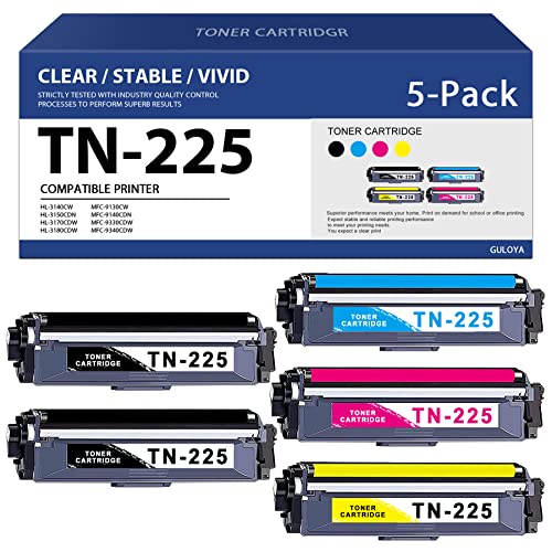 GULOYA Compatible TN-225 TN 225 High Yield Toner Cartridge Replacement for Brother TN225 HL-3140CW 3170CDW MFC-9130CW DCP-9015CDW 9020CDN Printer Toner (5 Pack, 2BK/1C/1Y/1M)