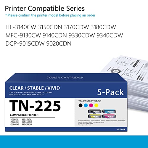 GULOYA Compatible TN-225 TN 225 High Yield Toner Cartridge Replacement for Brother TN225 HL-3140CW 3170CDW MFC-9130CW DCP-9015CDW 9020CDN Printer Toner (5 Pack, 2BK/1C/1Y/1M)