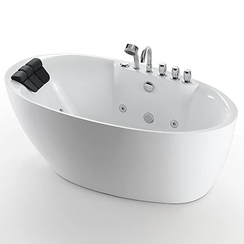 Whirlpool Bathtub 59 in. Acrylic Freestanding Bath Tub Hydromassage Gracefully Oval Shaped 7 Water Jets Soaking SPA, Double-Ended Massage Bathtubs with Black Pillow , White