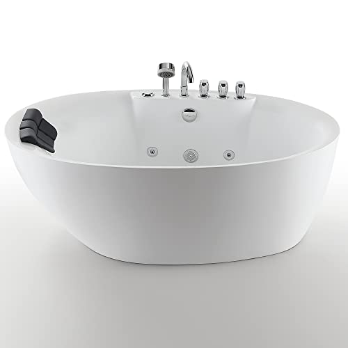 Whirlpool Bathtub 59 in. Acrylic Freestanding Bath Tub Hydromassage Gracefully Oval Shaped 7 Water Jets Soaking SPA, Double-Ended Massage Bathtubs with Black Pillow , White