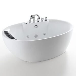 Whirlpool Bathtub 59 in. Acrylic Freestanding Bath Tub Hydromassage Gracefully Oval Shaped 7 Water Jets Soaking SPA, Double-Ended Massage Bathtubs with Black Pillow , White