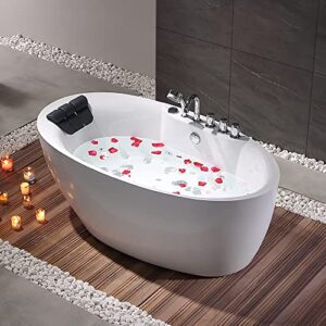 Whirlpool Bathtub 59 in. Acrylic Freestanding Bath Tub Hydromassage Gracefully Oval Shaped 7 Water Jets Soaking SPA, Double-Ended Massage Bathtubs with Black Pillow , White