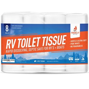 rv toilet paper, septic tank safe-made in the usa- 8 rolls,2-ply 500 sheets – fast dissolve bath tissue for camping, marine, rv holding tanks, biodegradable – firebelly outfitters