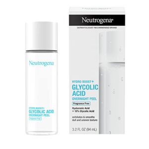 neutrogena hydro boost+ glycolic acid overnight peel, face peel with hyaluronic acid & 10% glycolic acid to exfoliate & smooth dull & uneven skin texture, fragrance-free, 3.2 fl. oz