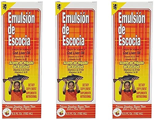 Emulsion de Escocia. Cod Liver Oil Dietary Supplement. Rich in Vitamins A, D, E and B1. Orange Flavored. 6.5 Fl.Oz / 192 mL. Pack of 3