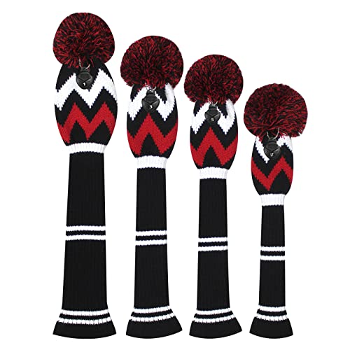 Scott Edward Knitted Golf Head Covers 4PCS Handmade Fit Well for Driver and Fairway Woods with Long Neck Pom Pom Golf Club Headcovers Set