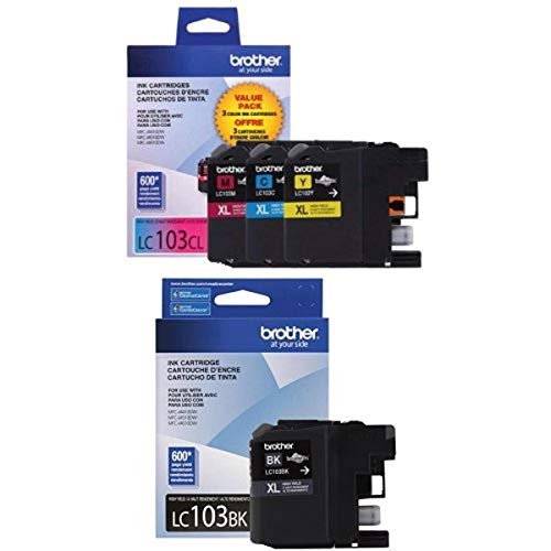 Brother Printer LC1033PKS Ink, 3 Pack, 1 color each of Cyan, Magenta, Yellow and Brother Printer LC103BK High Yield Ink Cartridge, Black Bundle