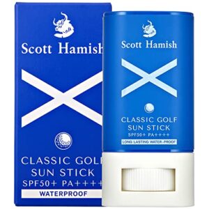 scott hamish classic golf sun stick spf50+ pa++++ uva/uvb sunscreen stick with vitamin c – water resistant & intensive sunblock stick to hydrate & smoothen wrinkles – no white cast, non-greasy, 0.63oz.