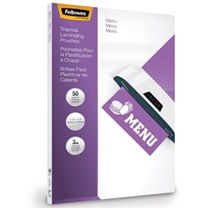 Fellowes Hot Laminating Pouches, 3 Mil, Menu Size, 50 Per Pack (52013)