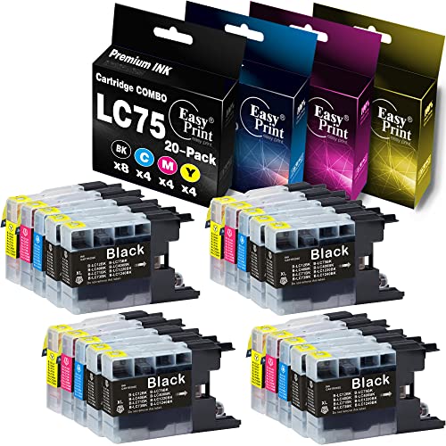 EASYPRINT Compatible LC75 Ink Cartridge Replacement for Brother LC-75 LC71 LC79 MFC-J6910CDW/J6710CDW/J5910CDW/J825N/ DCP-J525N/J540N/J740N Printer, (8 Black, 4 Cyan, 4 Magenta, 4 Yellow, 20 Pack)