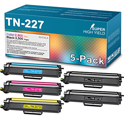 NUCALA Compatible TN-227 Toner Cartridges Replacement for Brother TN-227BK TN-227C TN-227M TN-227Y DCP-L3510CDW L3550CDW MFC-L3710CW MFC-L3750CDW MFC-L3730CDW (Black, Cyan, Magenta, Yellow, 5-Pack)