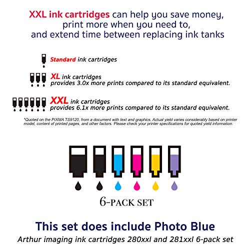 Arthur Imaging Compatible Ink Cartridge Replacement for Canon PGI-280XXL CLI-281XXL PGI 280 XXL CLI 281 XXL use with PIXMA TS9120 TS8120 TS8220 (PGBK, Black, Photo Blue, Cyan, Magenta, Yellow) 6 Pack