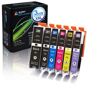 arthur imaging compatible ink cartridge replacement for canon pgi-280xxl cli-281xxl pgi 280 xxl cli 281 xxl use with pixma ts9120 ts8120 ts8220 (pgbk, black, photo blue, cyan, magenta, yellow) 6 pack