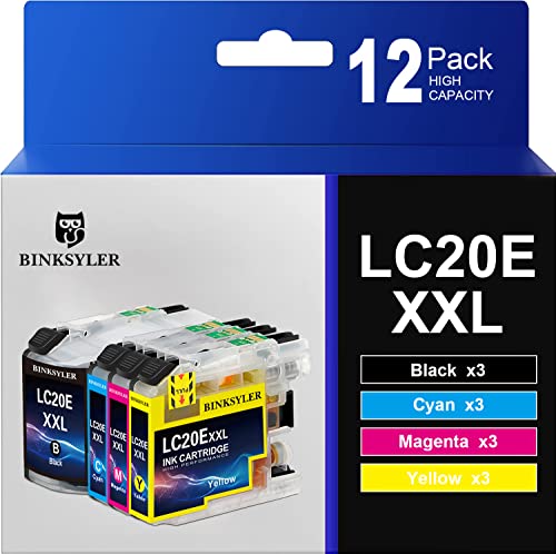 BINKSYLER LC20EXXL Ink Cartridges BK/C/Y/M Super High Yield Replacement for Brother LC20E LC20EXXL Ink Cartridges for Brother MFC-J985DW J775DW J5920DW J985DWXL Printers(3BK,3C,3M,3Y) 12 Pack