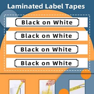 Phomemo P3100 Laminated Label Tape- Phomemo Compatible Label Tape Replacement for Brother Ptouch Label Maker Tape for PT-D210 PT-H100 D600, 4pcs Black on White Label Tape 12mm (1/2 Inch) x 8m