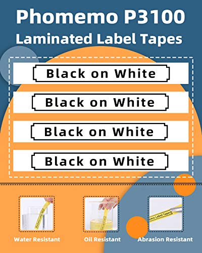 Phomemo P3100 Laminated Label Tape- Phomemo Compatible Label Tape Replacement for Brother Ptouch Label Maker Tape for PT-D210 PT-H100 D600, 4pcs Black on White Label Tape 12mm (1/2 Inch) x 8m