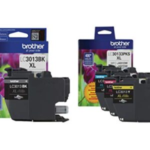 Brother Genuine LC3013BK, LC30133PKS High Yield Black, Cyan, Magenta and Yellow Ink Cartridge Set, LC3013