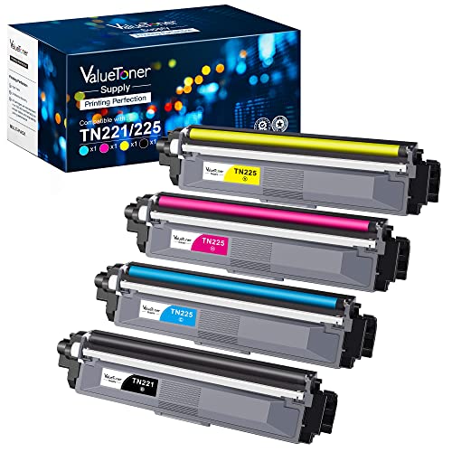 ValuetonerSupply TN221 TN225 Toner Cartridges Replacement for Brother TN 221 TN 225 TN-221 TN-225 to use with HL-3140CW HL-3170CDW HL-3180CDW MFC-9130CW Printer (Black, Cyan, Magenta, Yellow, 4 Pack)