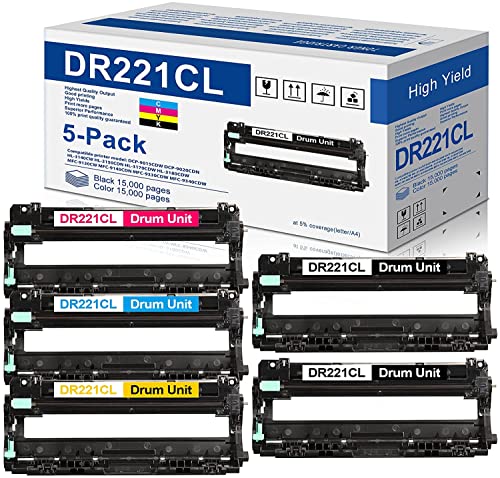 5-Pack(2BK+1C+1M+1Y) Compatible Brother DR221CL Drum Unit Sets Replacement for Brother DR221 DR-221CL DR221CL Drum Sets Unit Fits for HL-3140CW HL-3170CDW HL-3180CDW Printer (Not Including Toner)