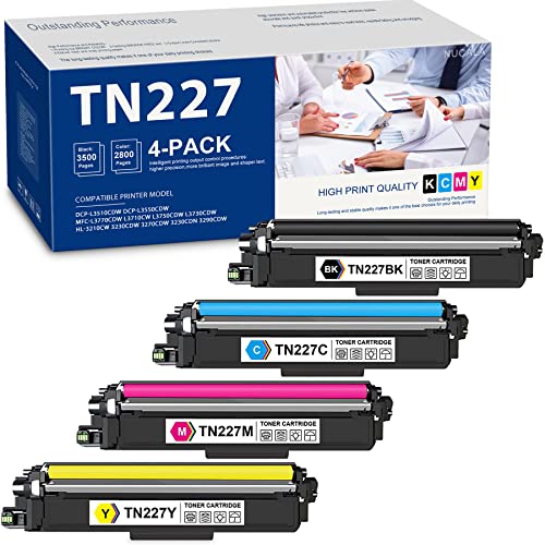 (TN-227, 4-Pack) TN227BK TN227C TN227M TN227Y Toner Cartridge, NUC Compatible Replacement for Brother TN227 Cartridges Works with HL-3210CW HL-3230CDN HL-3230CDW HL-3270CDW Printer Ink, 1BK+1C+1M+1Y