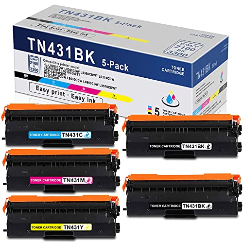 VIT, 5 Pack (2BK+1C+1M+1Y) High Yield Compatible TN431 TN 431 TN431BK TN431C TN431M TN431Y Toner Cartridge Replacement for Brother MFC L8610CDW L8690CDW L8900CDW L9570CDW DCP L8410CDW Printer