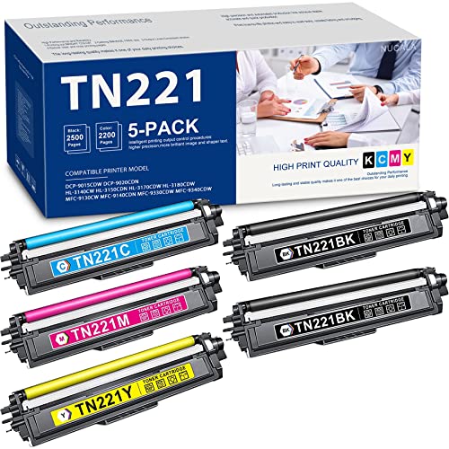 NUCALA Compatible TN221BK TN221C TN221M TN221Y Toner Cartridge Replacement for Brother DCP-9015CDW DCP-9020CDN MFC-9140CDN MFC-9330CDW HL-3150CDN HL-3170CDW MFC-9340CDW Printer (5-Pack, 2KCMY)