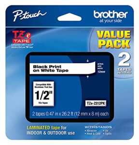 brother genuine p-touch, tze-231 2 pack tape (tze2312pk) ½”(0.47”) x 26.2 ft. (8m) 2-pack laminated p-touch tape, black on white, perfect for indoor or outdoor use, water resistant, tze2312pk, tze231