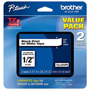 Brother Genuine P-touch, TZe-231 2 Pack Tape (TZE2312PK) ½”(0.47”) x 26.2 ft. (8m) 2-Pack Laminated P-Touch Tape, Black on White, Perfect for Indoor or Outdoor Use, Water Resistant, TZE2312PK, TZE231