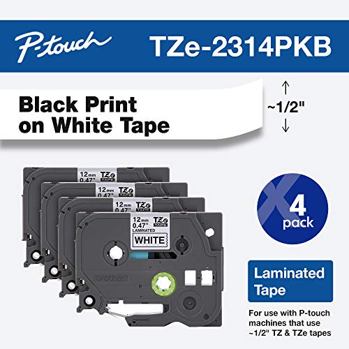 Brother Genuine P-touch, TZe-231 4 Pack Tape (TZE2314PKB) ½”(0.47”) x 26.2 ft. (8m) 4-Pack Laminated P-Touch Tape, Black on White, Perfect for Indoor or Outdoor Use, Water Resistant, TZE2314PK, TZE231