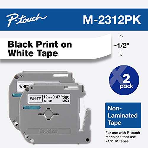 Brother Genuine P-touch M-2312PK Tape, 2 Pack, 1/2" (0.47") Wide Standard Non-Laminated Tape, Black on White, Recommended for Home and Indoor Use, 0.47" x 26.2' (12mm x 8M), 2-Pack, M2312PK, M231