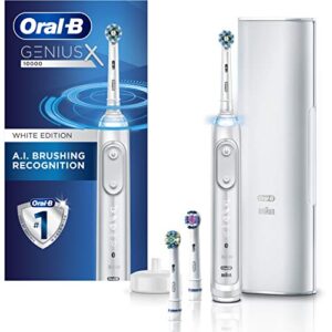 oral-b genius x electric toothbrush with 3 oral-b replacement brush heads and toothbrush case, white (packaging may vary)