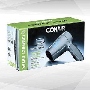 Conair Travel Hair Dryer with Dual Voltage, 1875W Compact Hair Dryer with Folding Handle, Travel Blow Dryer