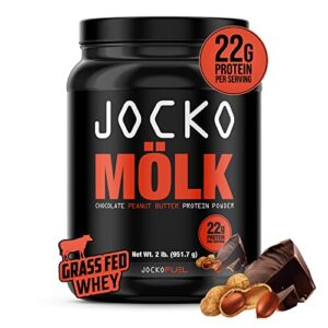 jocko mölk whey protein powder (chocolate peanut butter) – keto, probiotics, grass fed, digestive enzymes, amino acids, sugar free monk fruit blend – supports muscle recovery and growth – 31 servings