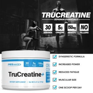 PEScience TruCreatine+, Pure Creatine Monohydrate and ElevATP Powder, 30 Servings