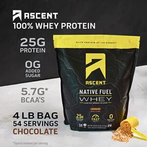 Ascent Native Fuel Whey Protein Powder - Post Workout Whey Protein Isolate, Zero Artificial Ingredients, Soy & Gluten Free, 5.7g BCAA, 2.7g Leucine, Essential Amino Acids, Chocolate 4 lb