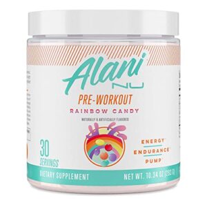 alani nu pre workout supplement powder for energy, endurance & pump | sugar free | 200mg caffeine | formulated with amino acids like l-theanine to prevent crashing | rainbow candy, 30 servings