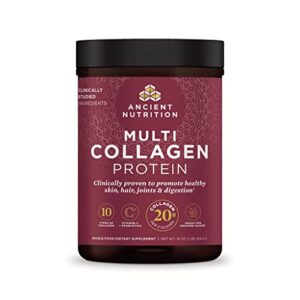 ancient nutrition collagen powder protein with probiotics, unflavored multi collagen protein with vitamin c, 45 servings, hydrolyzed collagen peptides supports skin and nails, gut health, 16oz