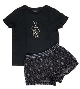 victoria’s secret the lounge pj cotton short tee-jama pajama set, black/white logos, large