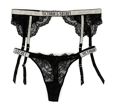 Victoria's Secret Bombshell Shine Strap Thong Panty and Garter Belt Bundle, Black Lace, Medium