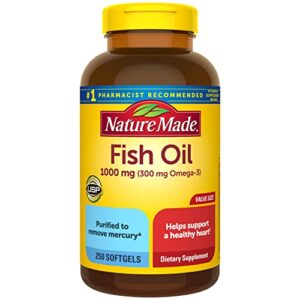 nature made fish oil 1000 mg softgels, omega 3 fish oil for healthy heart support, supplement with 250 softgels, 125 day supply