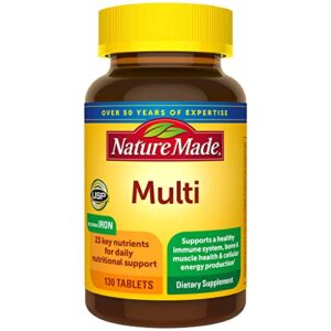 nature made multivitamin tablets with iron, multivitamin for women and men for daily nutritional support, 130 tablets, 130 day supply