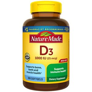 nature made vitamin d3 1000 iu (25 mcg), dietary supplement for bone, teeth, muscle and immune health support, 300 softgels, 300 day supply