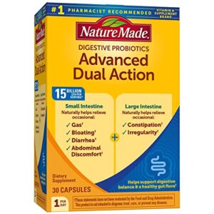 nature made digestive probiotics advanced dual action, dietary supplement for digestive health support, 30 probiotic capsules, 30 day supply