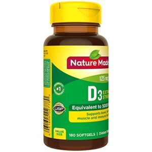 Nature Made Extra Strength Vitamin D3 5000 IU (125 mcg), Dietary Supplement for Bone, Teeth, Muscle and Immune Health Support, 180 Softgels, 180 Day Supply