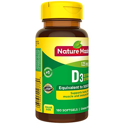 Nature Made Extra Strength Vitamin D3 5000 IU (125 mcg), Dietary Supplement for Bone, Teeth, Muscle and Immune Health Support, 180 Softgels, 180 Day Supply