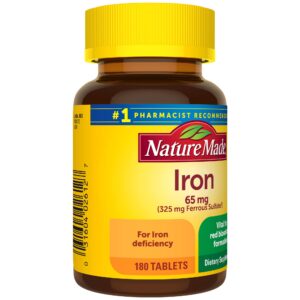 nature made iron 65 mg (325 mg ferrous sulfate) tablets, dietary supplement for red blood cell support, 180 tablets, 180 day supply