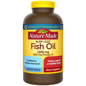 nature made burp less fish oil 1200 mg, fish oil supplements, omega 3 fish oil for healthy heart support, omega 3 supplement with 300 softgels, 150 day supply